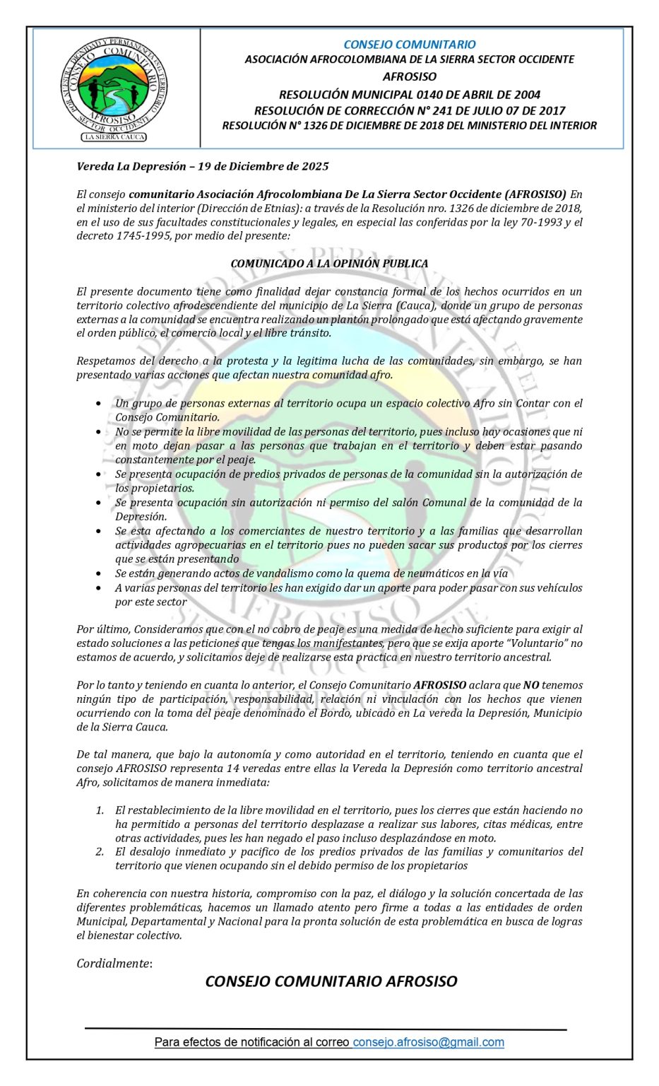 Consejo Comunitario AFROSISO denuncia afectaciones por plantón en ...