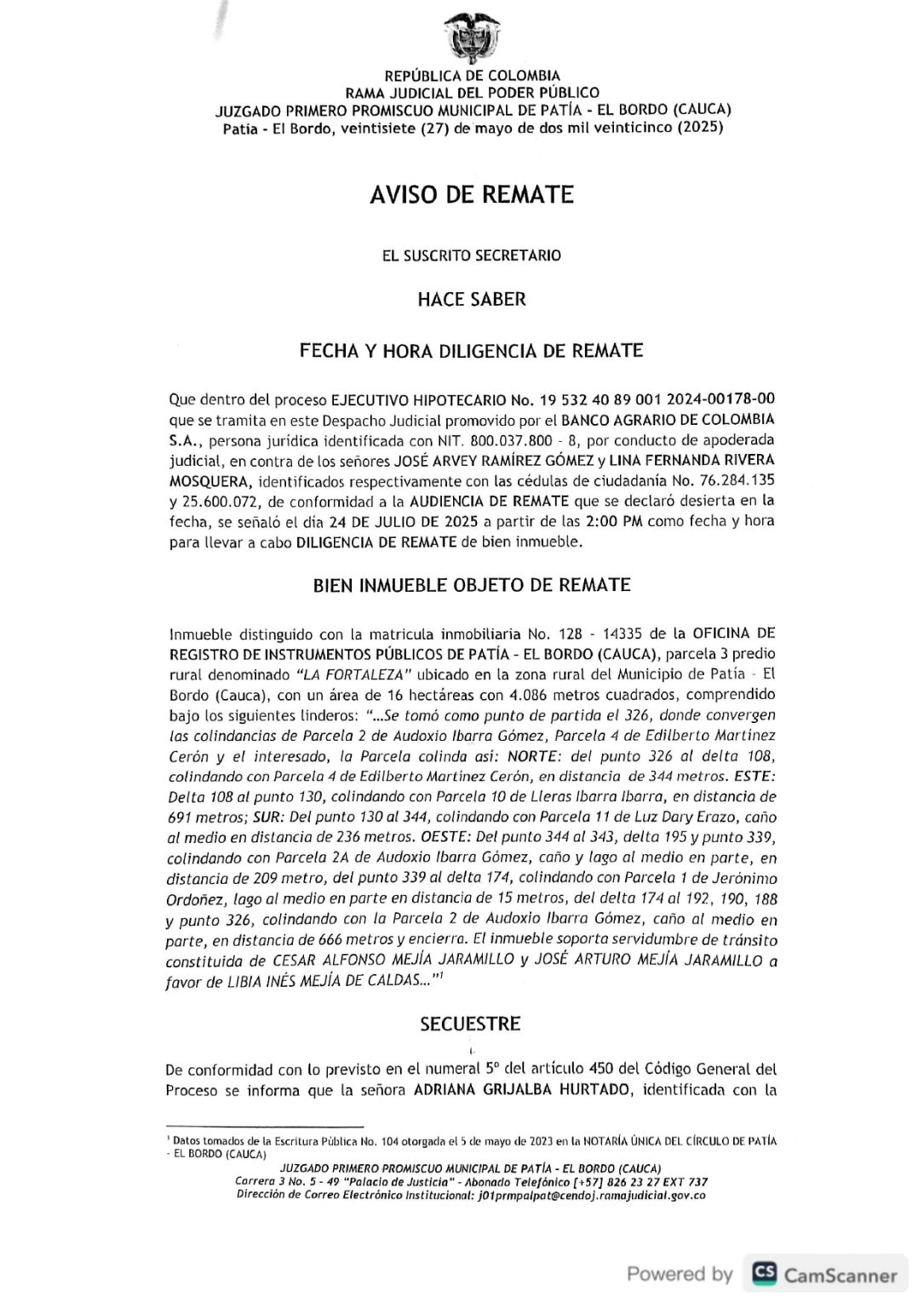 AVISO DE REMATE EL SUSCRITO SECRETARIO HACE SABER FECHA Y HORA ...