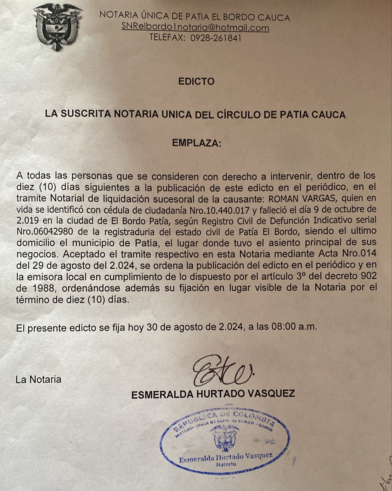 EDICTO-NOTARIA ÚNICA DE PATIA EL BORDO CAUCA. – Informativo Del Sur